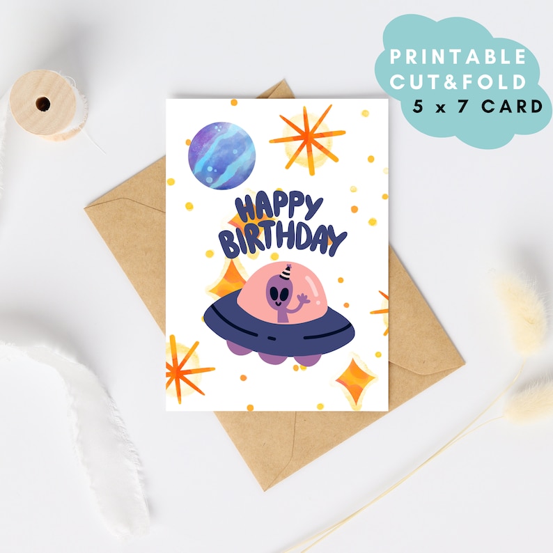 Printable Alien Happy Birthday Card, Folded Greeting Card, Includes Two ...