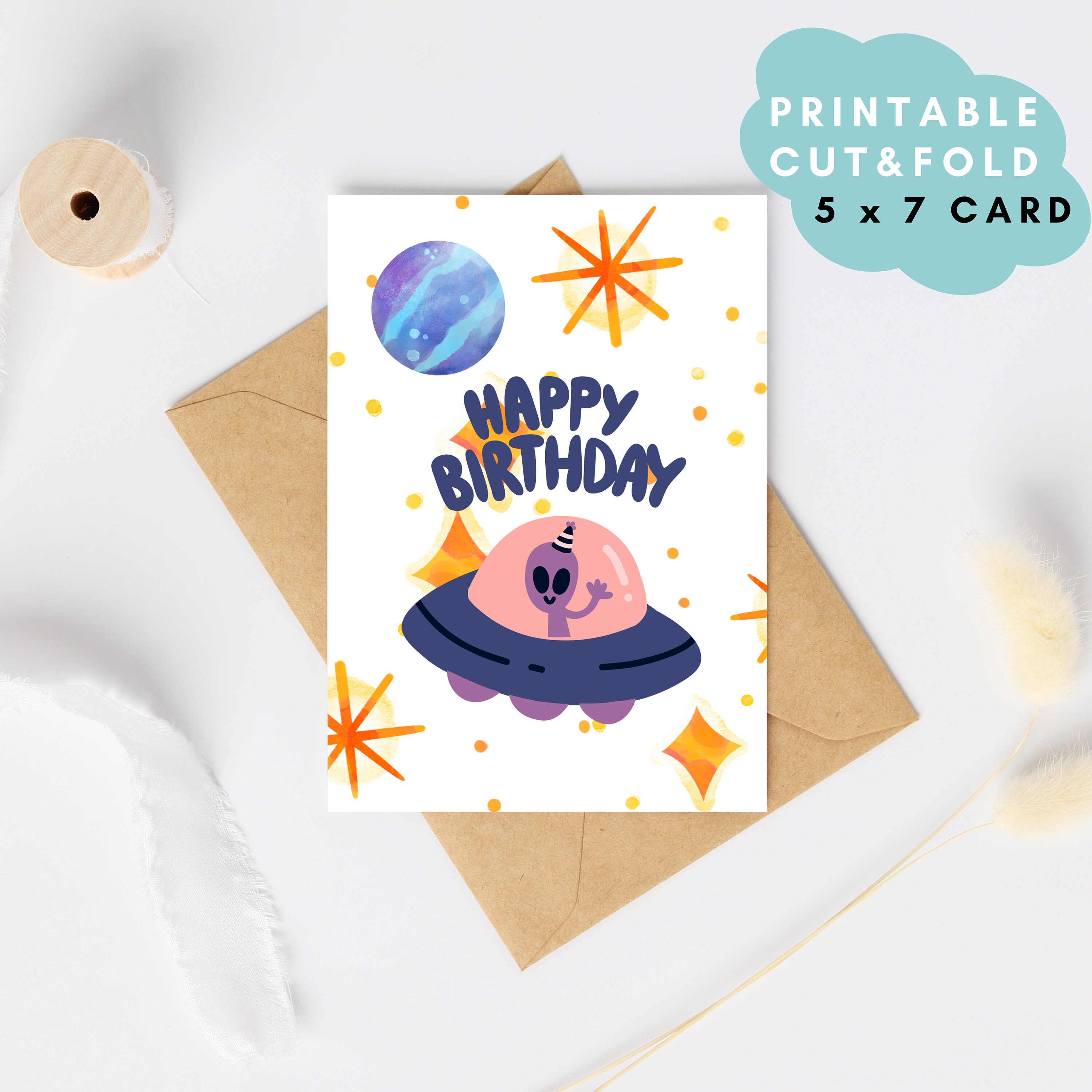 Printable Alien Happy Birthday Card, Folded Greeting Card, Includes Two ...