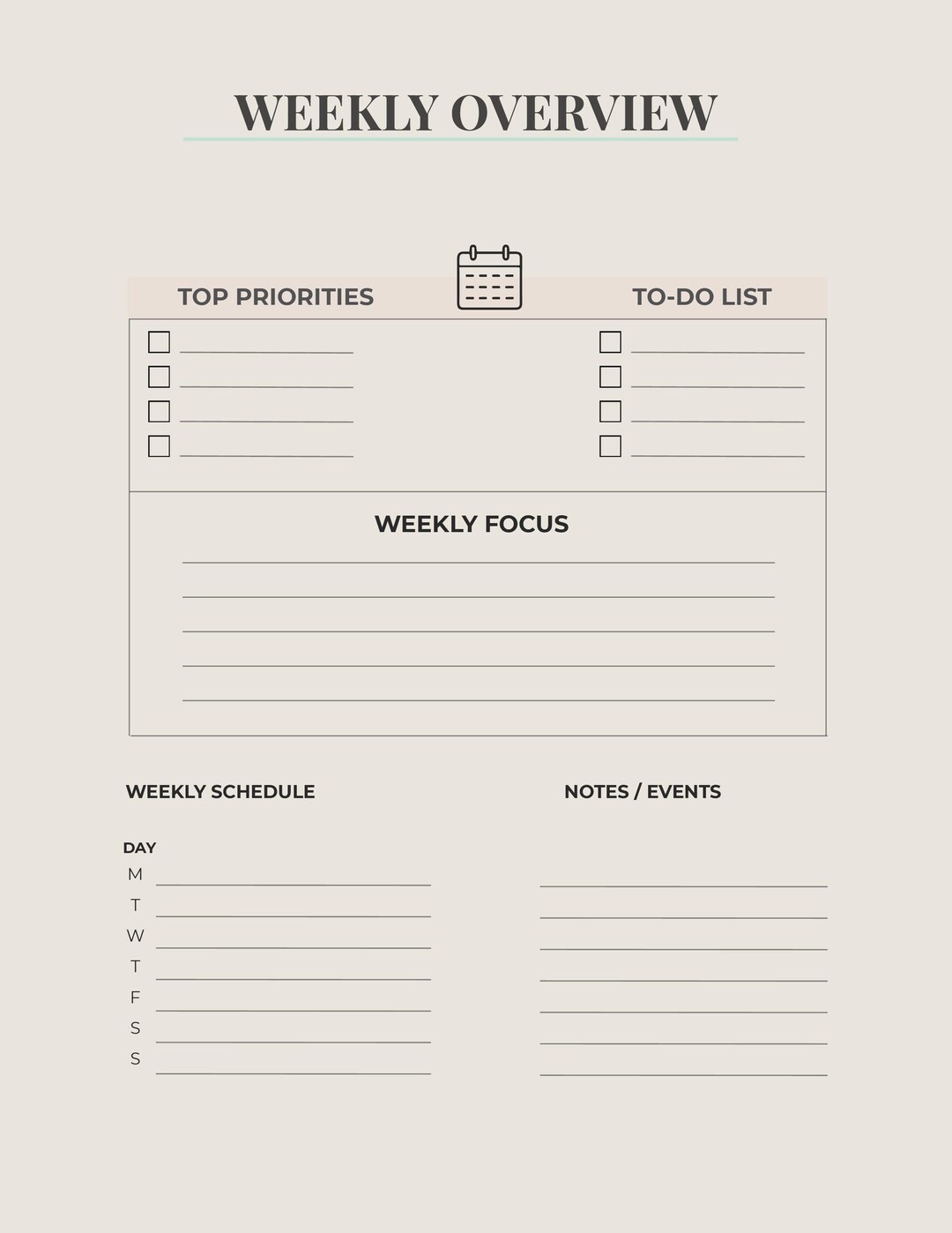 Weekly Overview Planner | Printable Wellness Planner Page | Digital PDF ...
