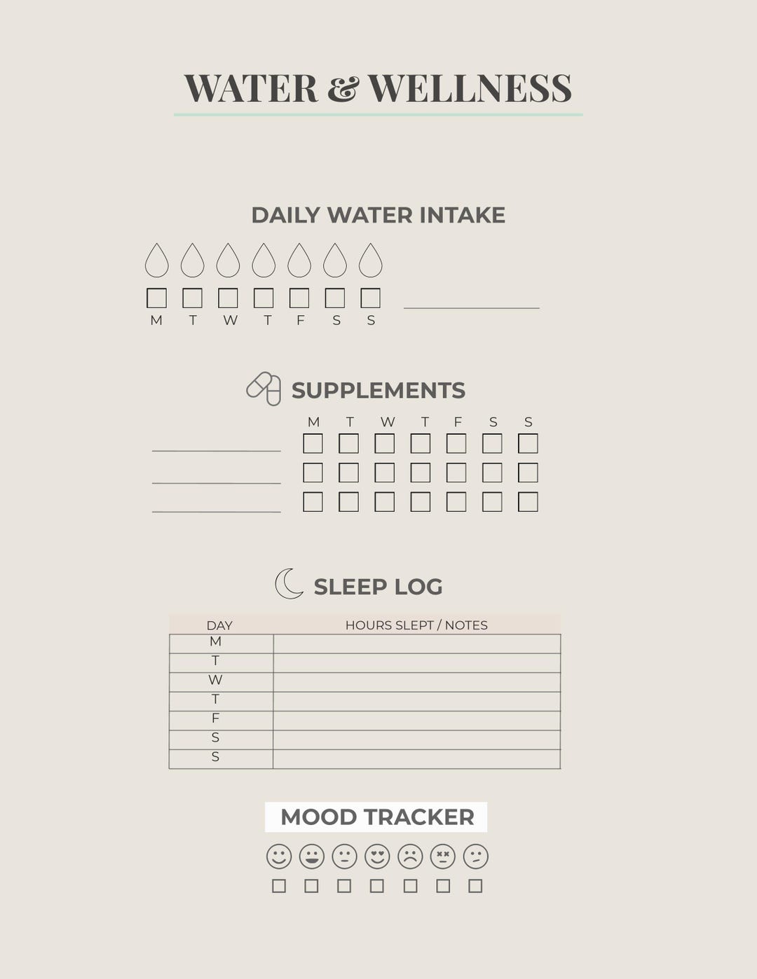 Water + Wellness Tracker | Printable Wellness Planner Page | Digital ...