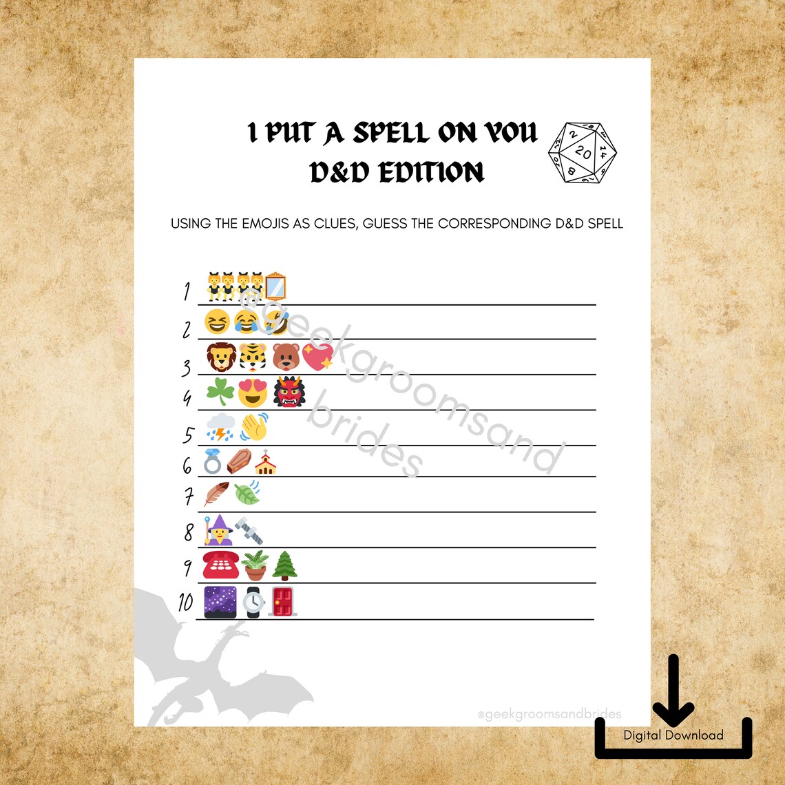 D&D (dnd) Guess the Spell Emoji Downloadable Party Game, Geek Bachelor ...