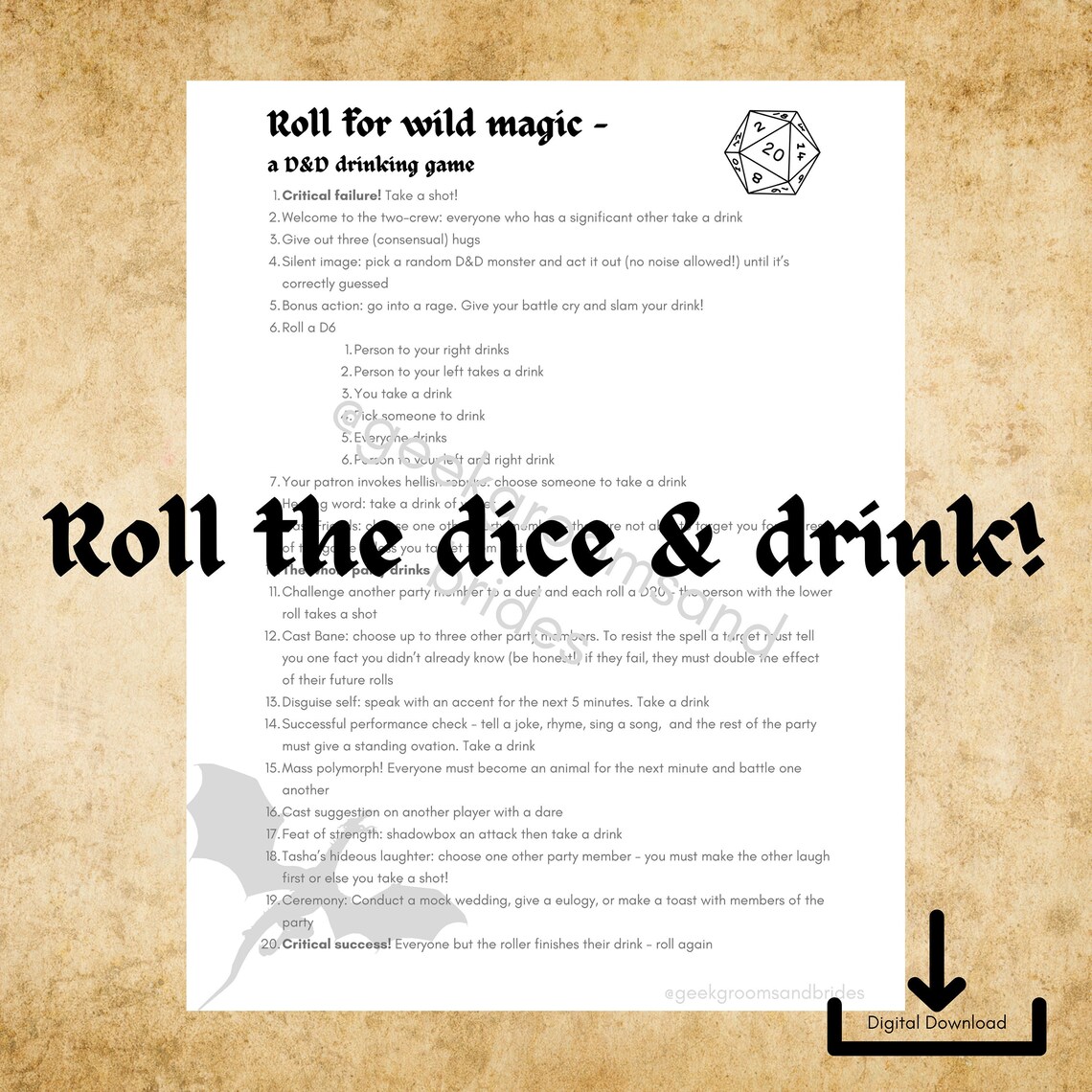 D&D (dnd) Roll the Dice Drinking Downloadable Party Game, Geek Bachelor ...