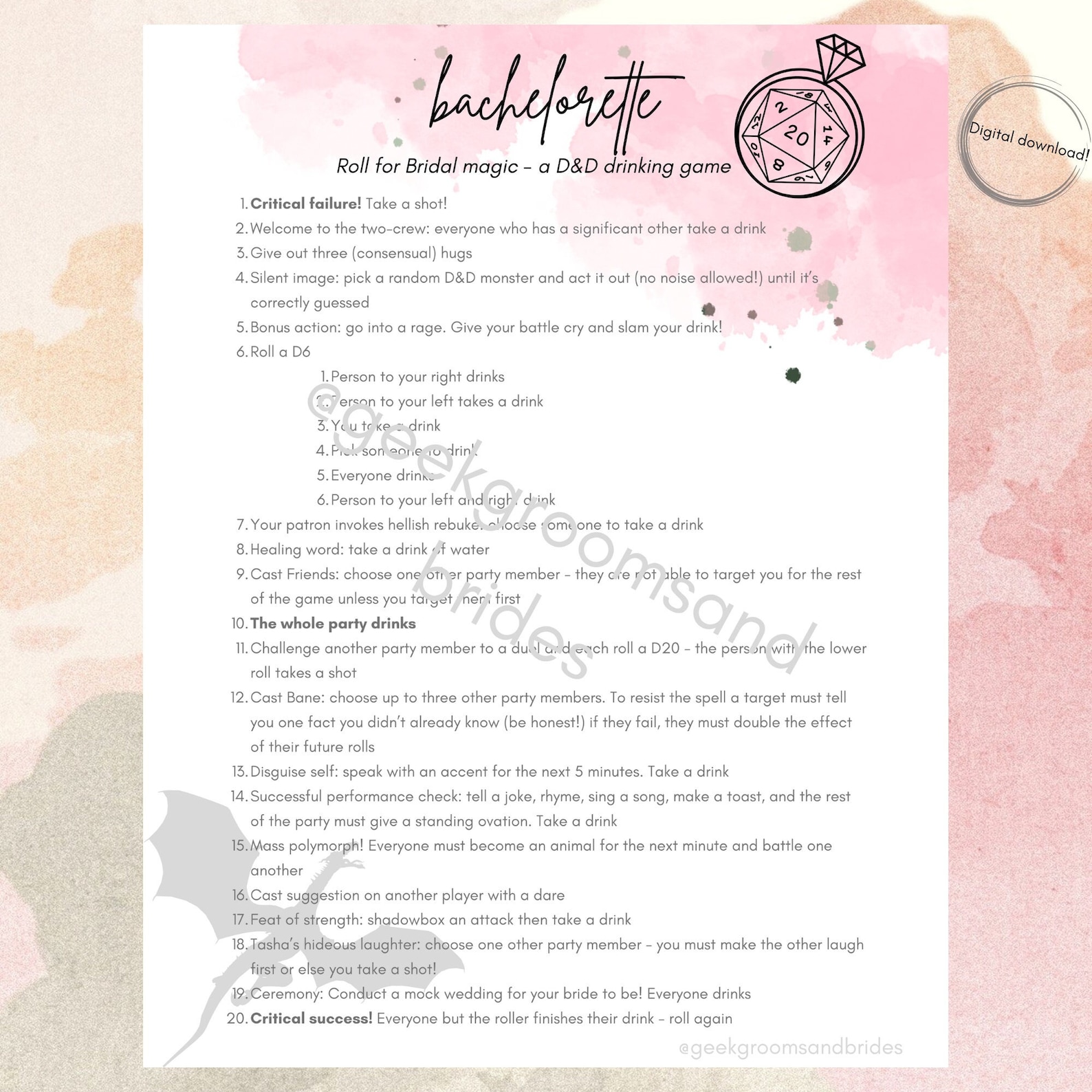 Geek D&D (dnd) Bachelorette Games, Roll for Bridal Magic Dice Drinking ...