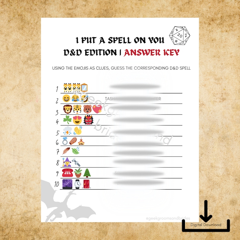 D&D (dnd) Guess the Spell Emoji Downloadable Party Game, Geek Bachelor ...