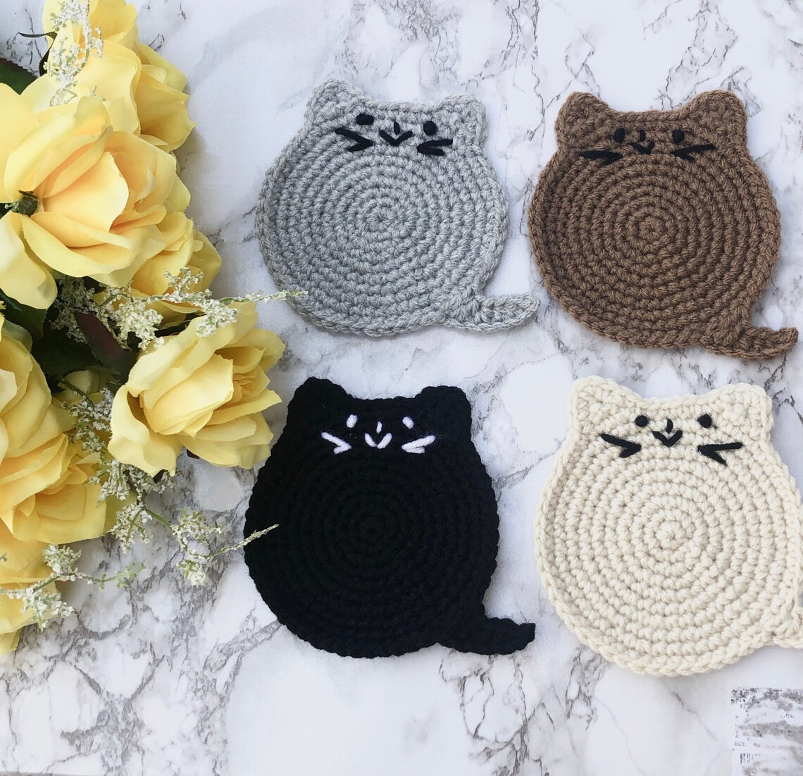 Crochet Kitty Cat Coasters Set Cute Coaster Mug Rug Drink - Etsy