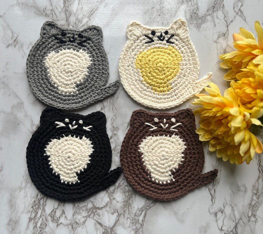 Crochet Kitty Cat Coasters Set With White Belly / Contrast Color Belly ...