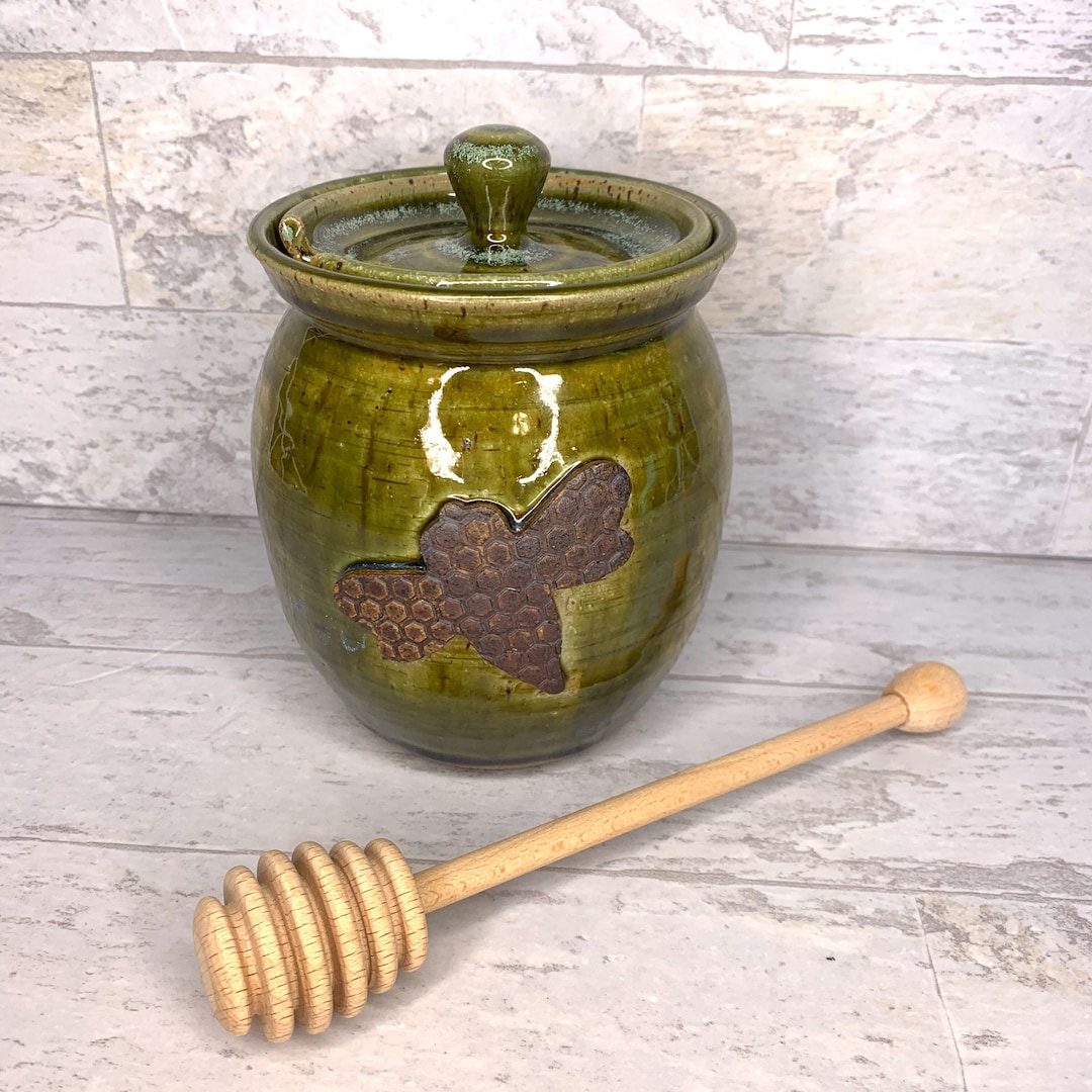 Handmade Green Honey Pot With Wooden Dipper - Etsy