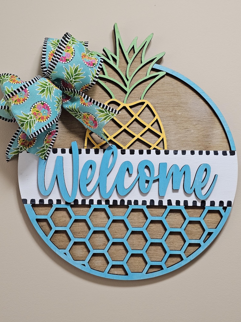 Tropical Bright Pineapple Welcome Sign With Ribbon, 15" Wooden Door ...