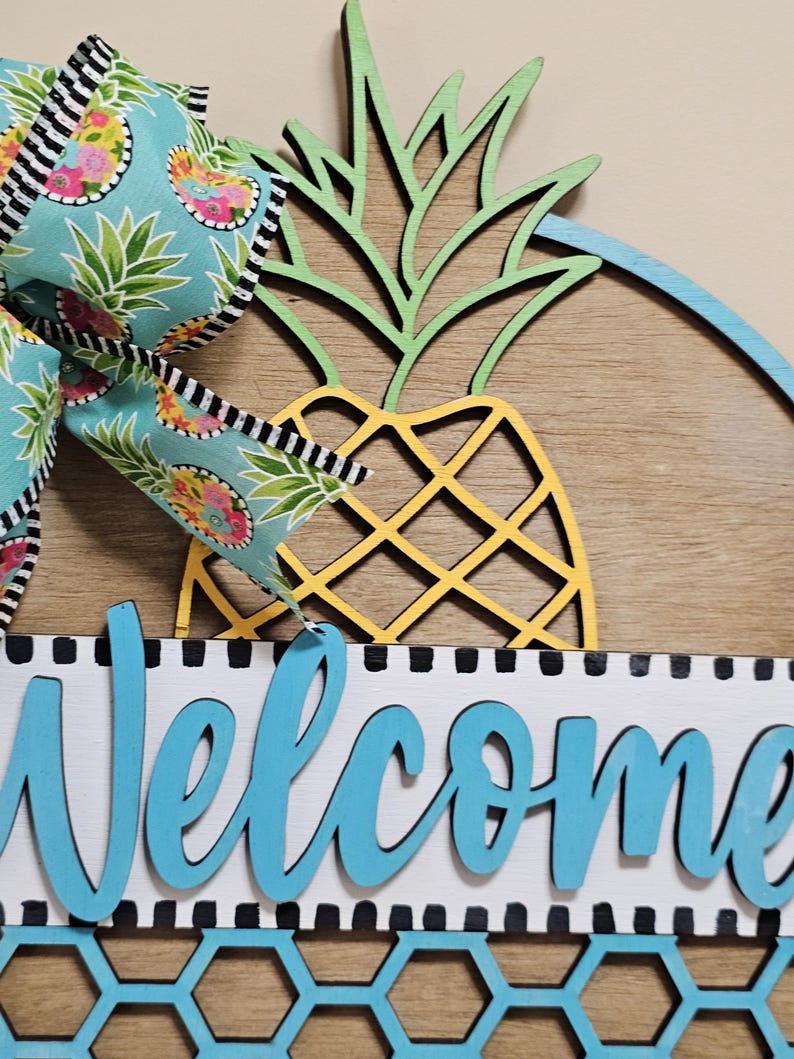 Tropical Bright Pineapple Welcome Sign With Ribbon, 15" Wooden Door ...