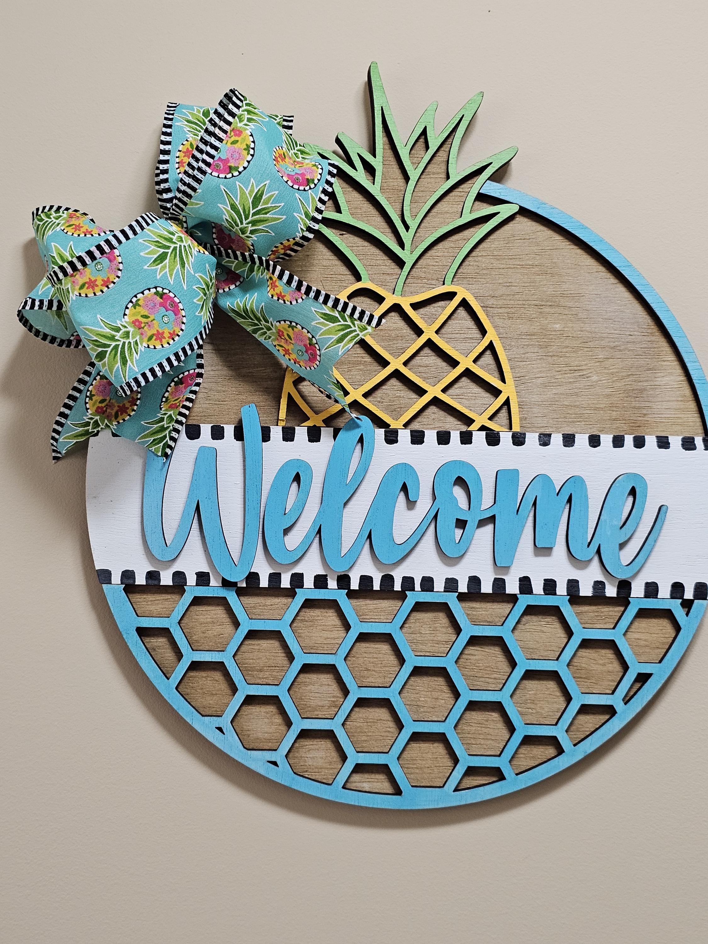 Tropical Bright Pineapple Welcome Sign With Ribbon, 15" Wooden Door ...