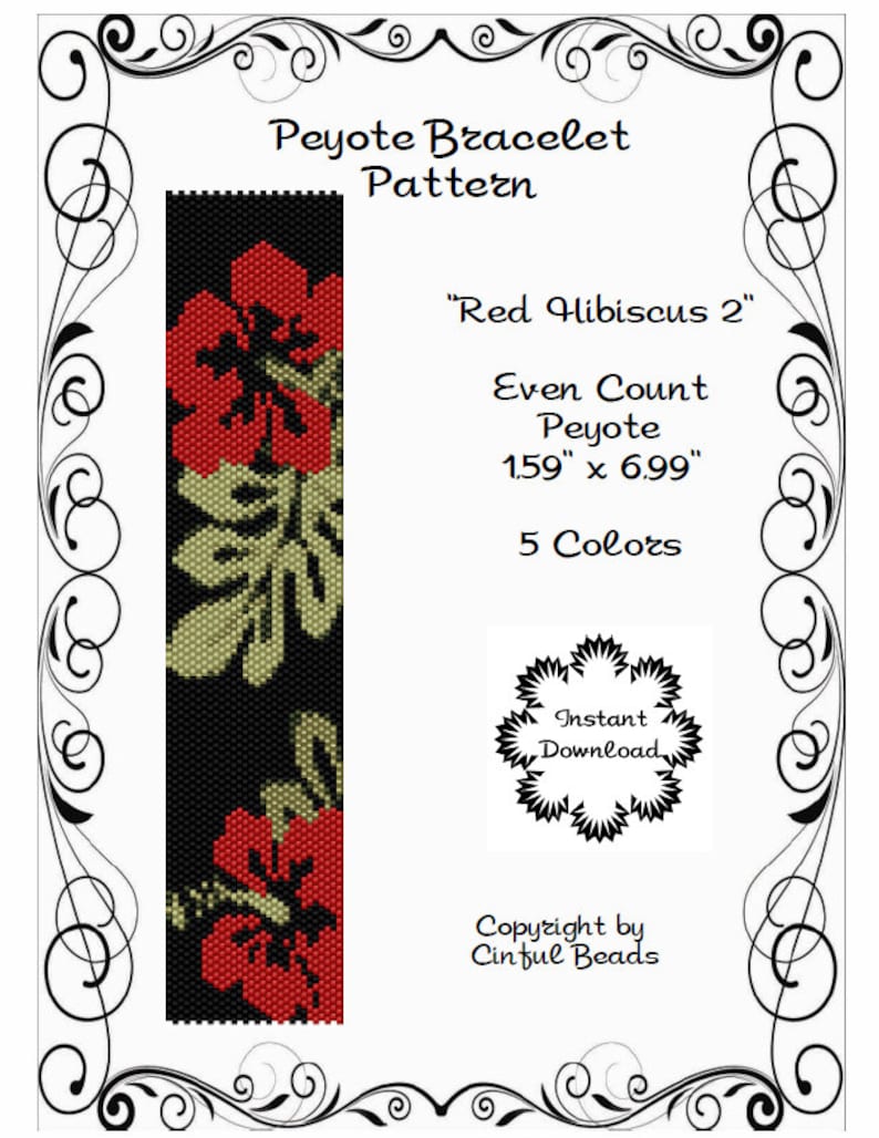 Peyote Bracelet Pattern, Red Hibiscus Flower Using Miyuki 11/0 Delica ...