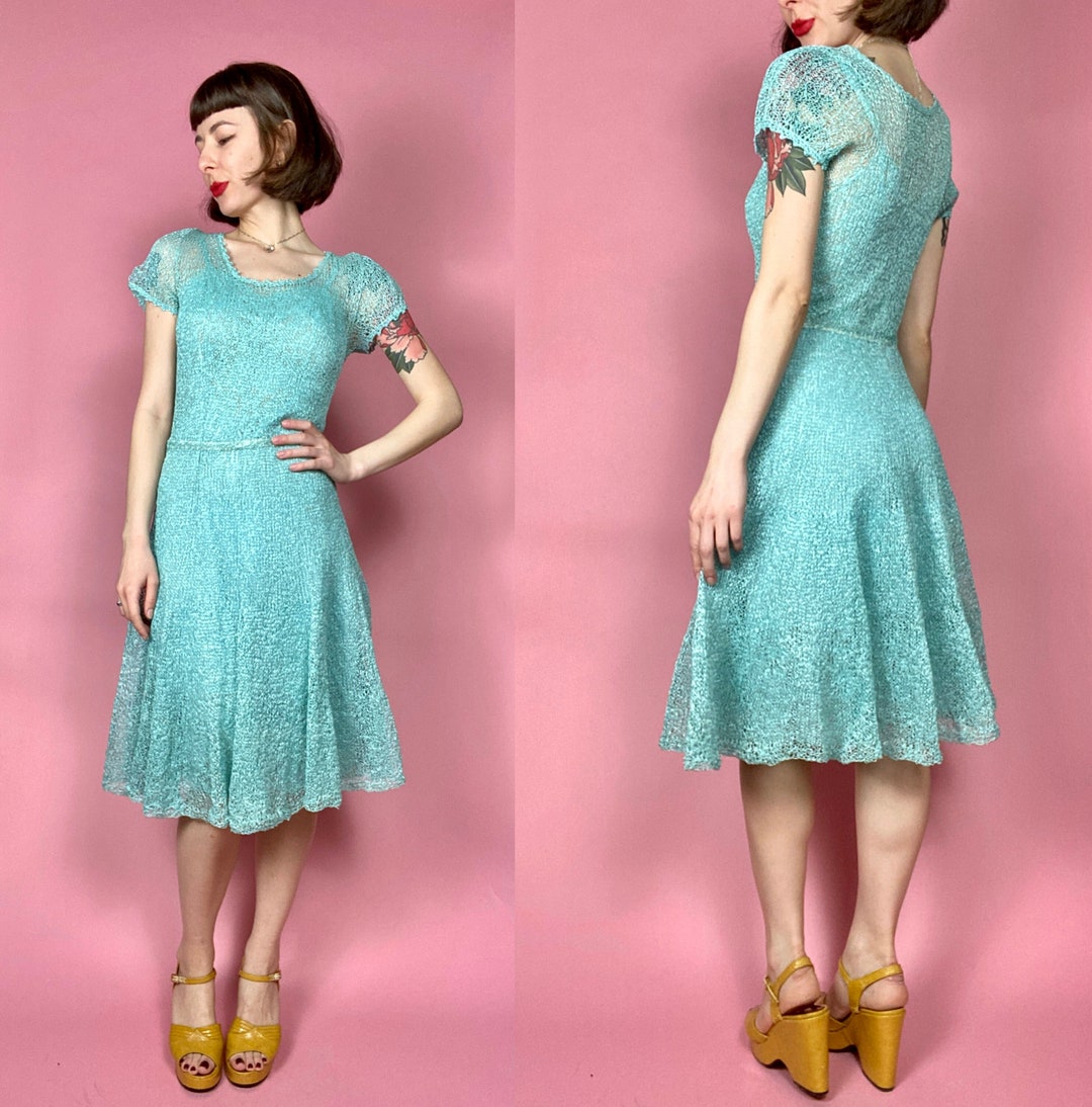 1940s Teal Knit Raffia Dress | Size X-small to Small - Etsy