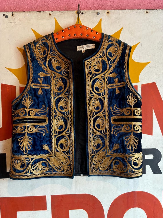 1960s Pakistani Embroidered Blue Velvet Vest with Bul… - Gem