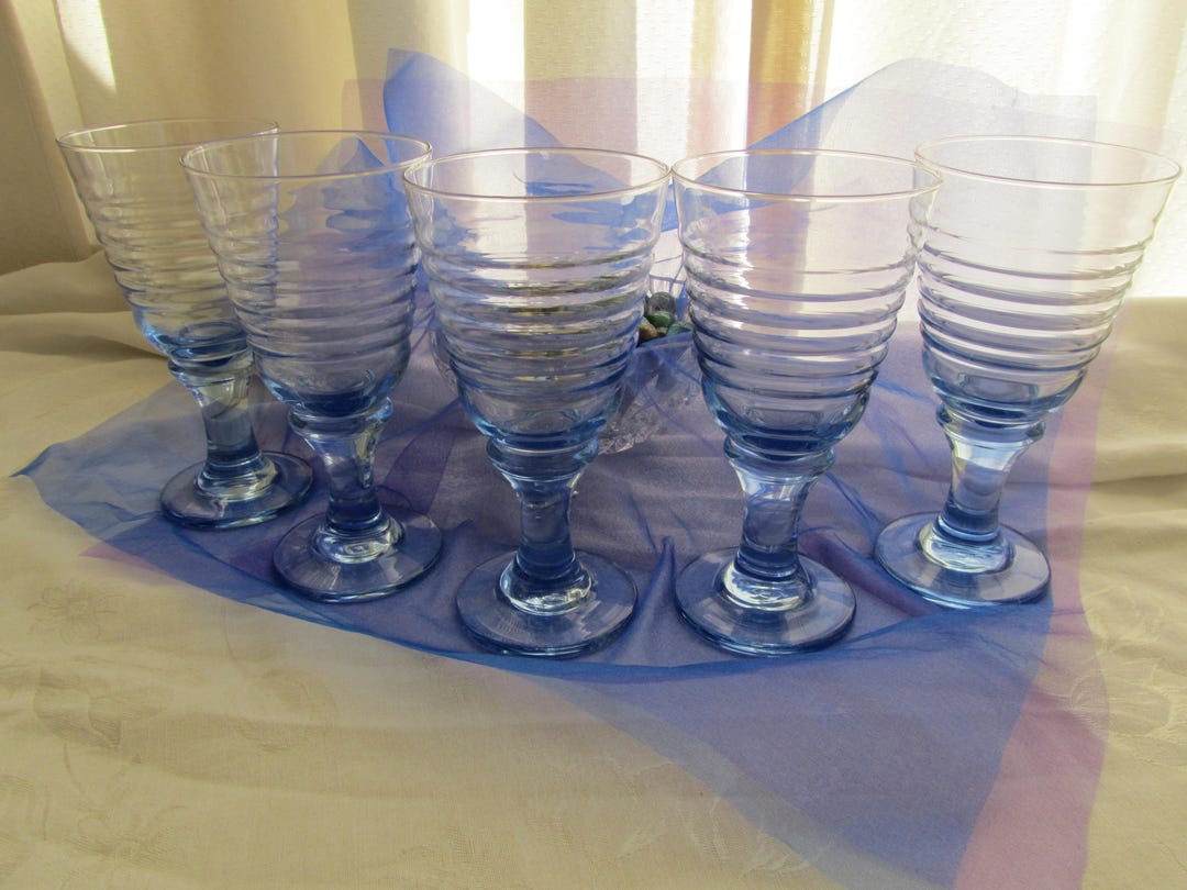 Libbey-blue-serris-ribbed-footed-glass goblets 4 LOT A-14 - Etsy