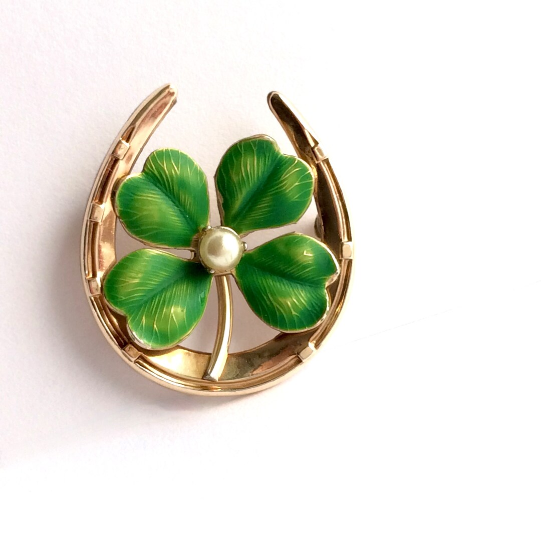 Shamrock Brooch, Lucky Four Leaf Clover Pin, Horseshoe, St. Patrick's ...
