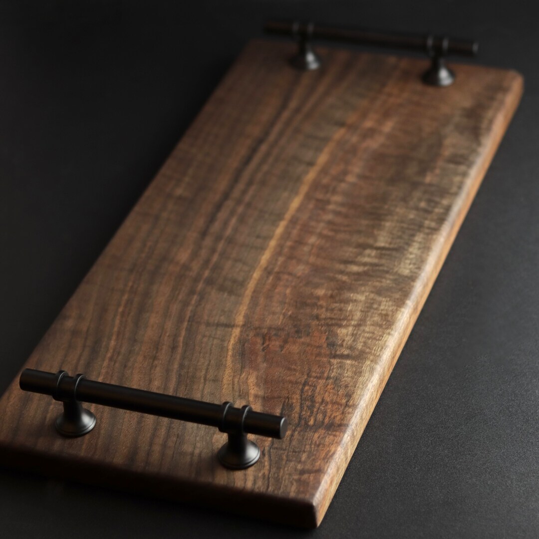 Walnut Serving Board With Matte Black Metal Handles - Wooden Serving Tray / Curly Figured Walnut ...