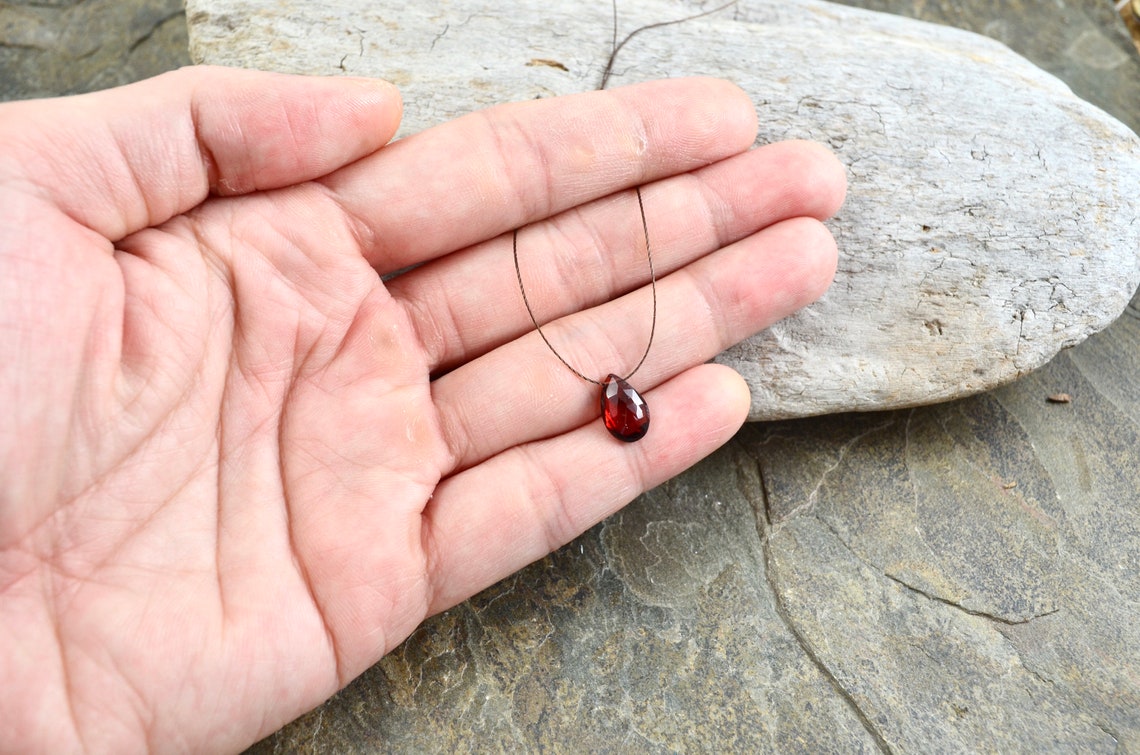 Floating Garnet Necklace, Silkon Thread Barely There Dainty Red Wine ...