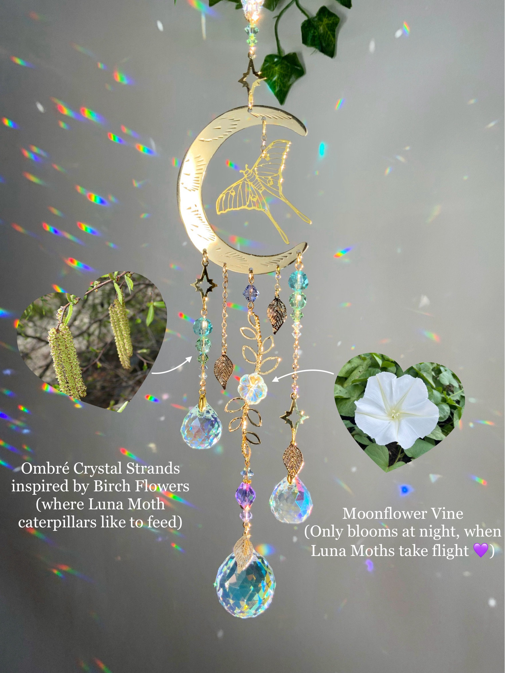 Flight of the Luna Moth~ Crystal Suncatcher, 18k Gold Plated Moonflower ...