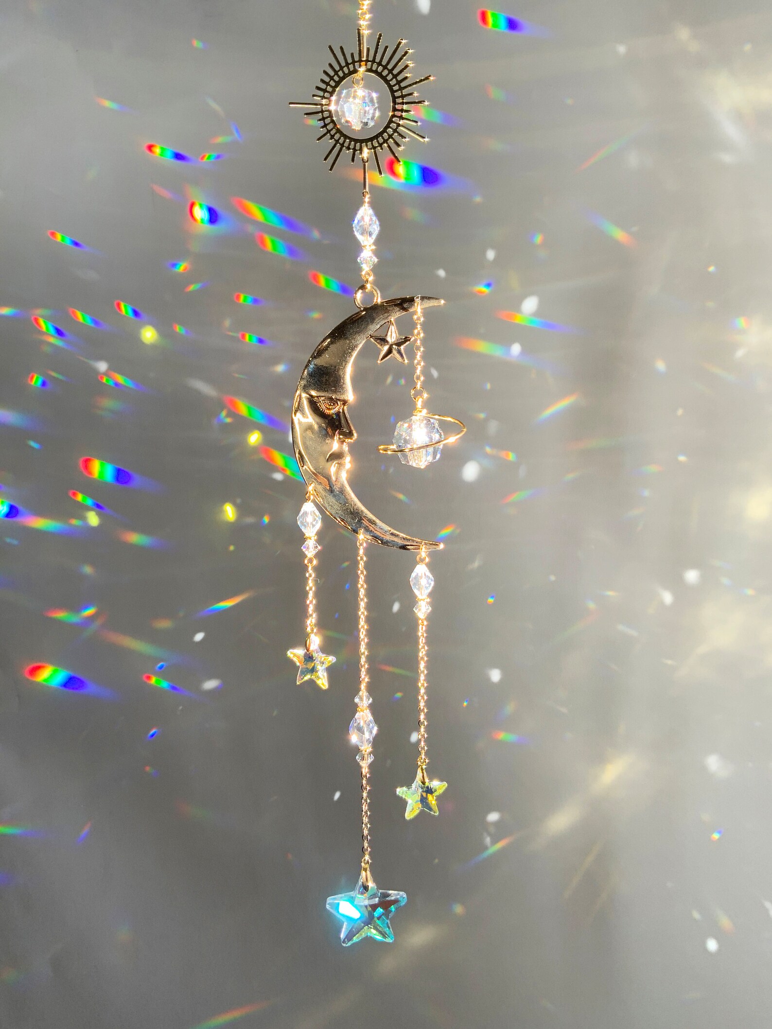 Falling Stars ~ Moon Mini Suncatcher, Crystal Saturn Celestial Sun Art ...