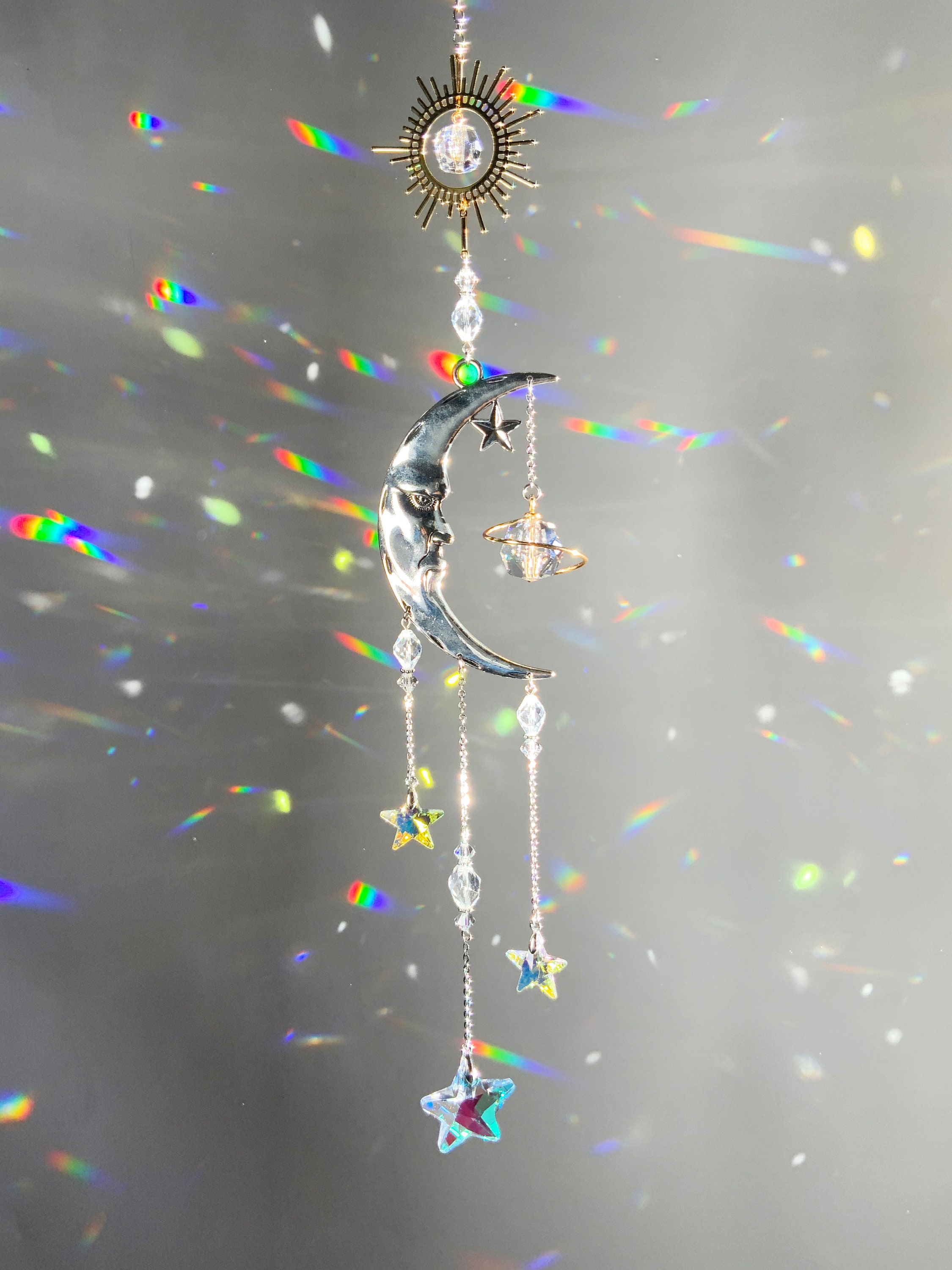 Falling Stars ~ Moon Mini Suncatcher, Crystal Saturn Celestial Sun Art ...