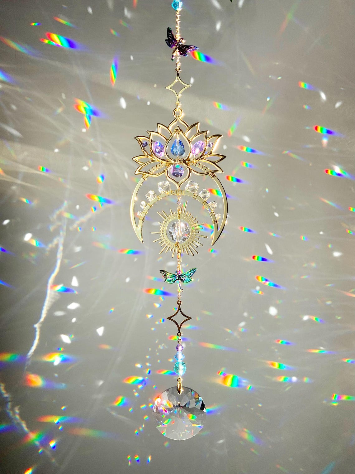 Rising Light ~ Lotus Moon Dragonfly Crystal Suncatcher, 18k Gold-plated ...