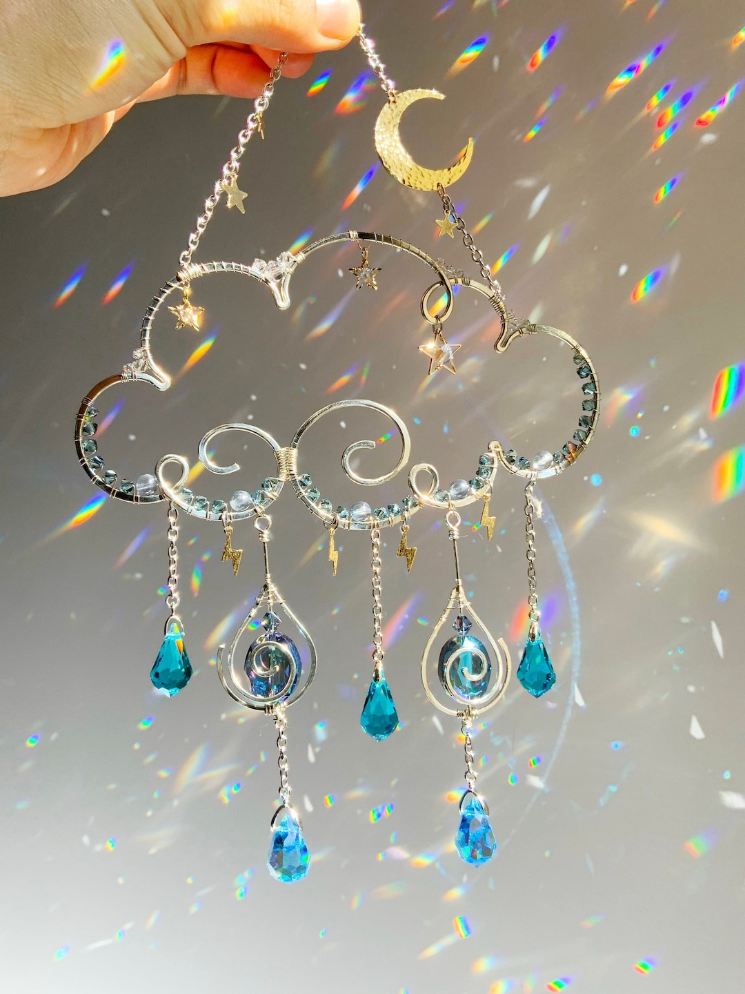 Silver Moon Stars Rain Cloud Crystal Suncatcher, 18k Gold-plated ...