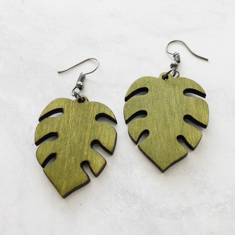 Wood Monstera Earrings Leaf Dangle Earrings Statement - Etsy