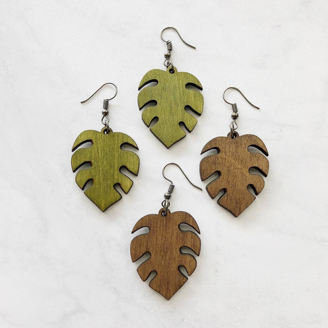 Wood Monstera Earrings Leaf Dangle Earrings Statement Earring