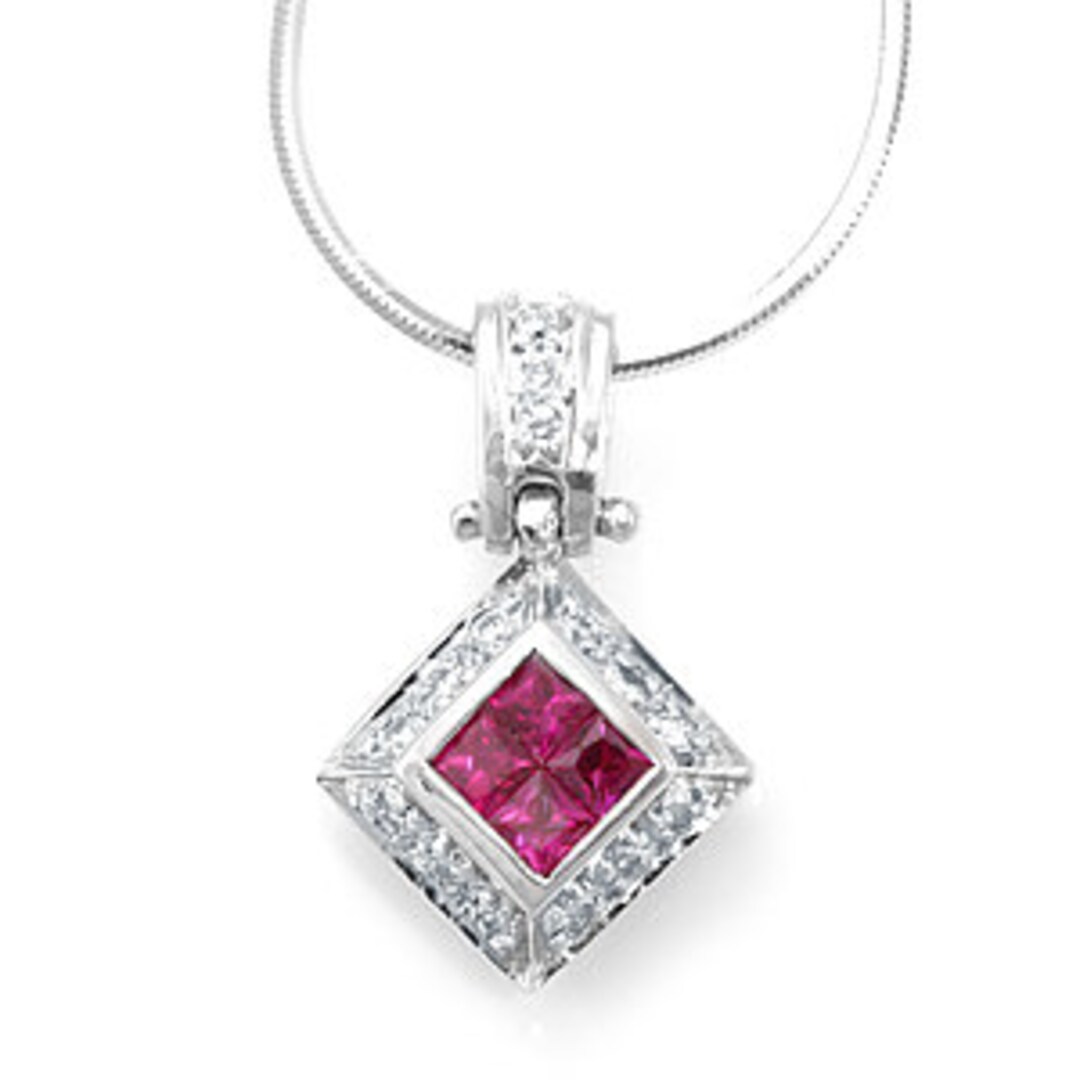 Round Diamond and Ruby Square Pendant, 14K White Gold Ladies Pendant ...