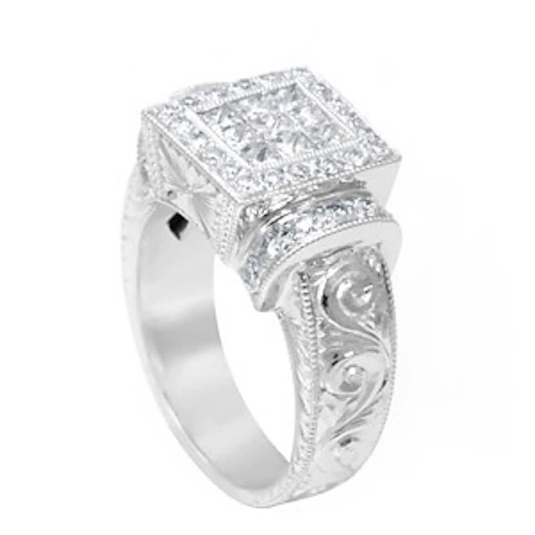Engraved Invisible Set Round and Princess Cut Diamond Ring , 14K White ...