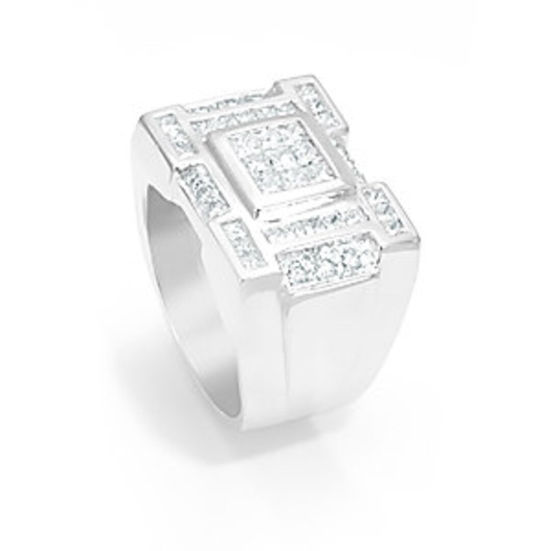 Invisible ,channel Set Princess & Round Diamonds Men's Ring, 14K White ...