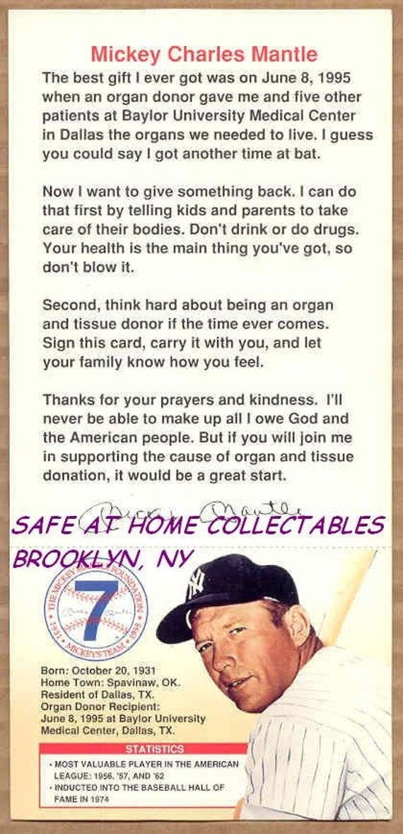 NY Yankee Mickey Mantle Organ Donor Card FREE SHIPPING | Etsy
