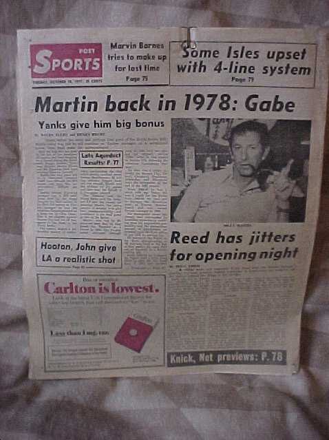 NY Yankee Manager Billy Martin Signed Autographed NY Post Oct. 18, 1977 ...
