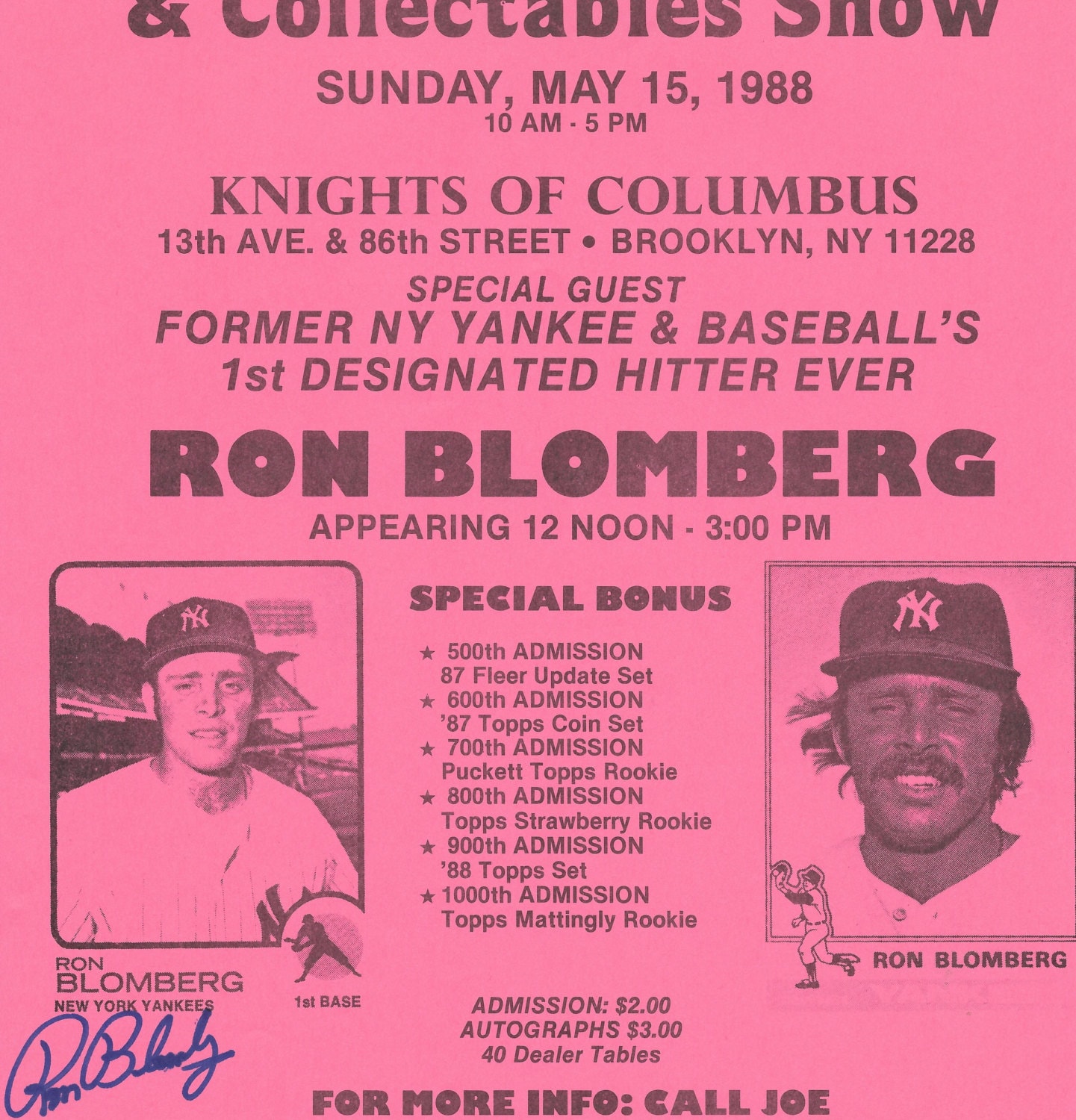 NY Yankee 1st Baseman and Baseball's Very 1st D/H Ron Blomberg Signed ...