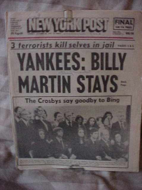 NY Yankee Manager Billy Martin Signed Autographed NY Post Oct. 18, 1977 ...