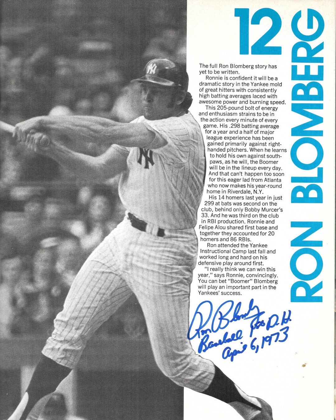 NY Yankee 1st Baseman and Baseball's Very 1st D/H Ron Blomberg Signed ...