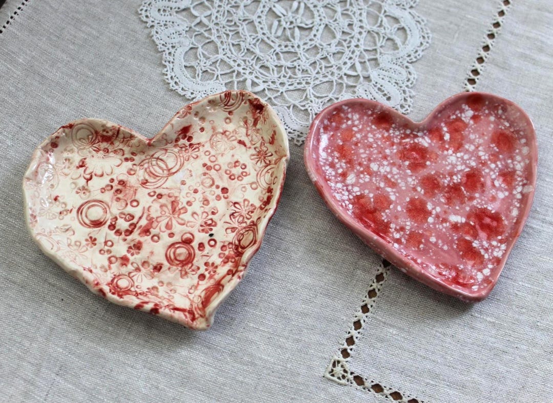 Handmade Off-white and Red-pink Ceramic Heart Ring Jewelry Dish ...