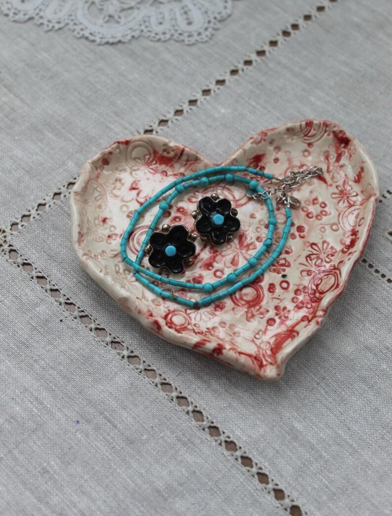 Handmade Off-white and Red-pink Ceramic Heart Ring Jewelry Dish ...
