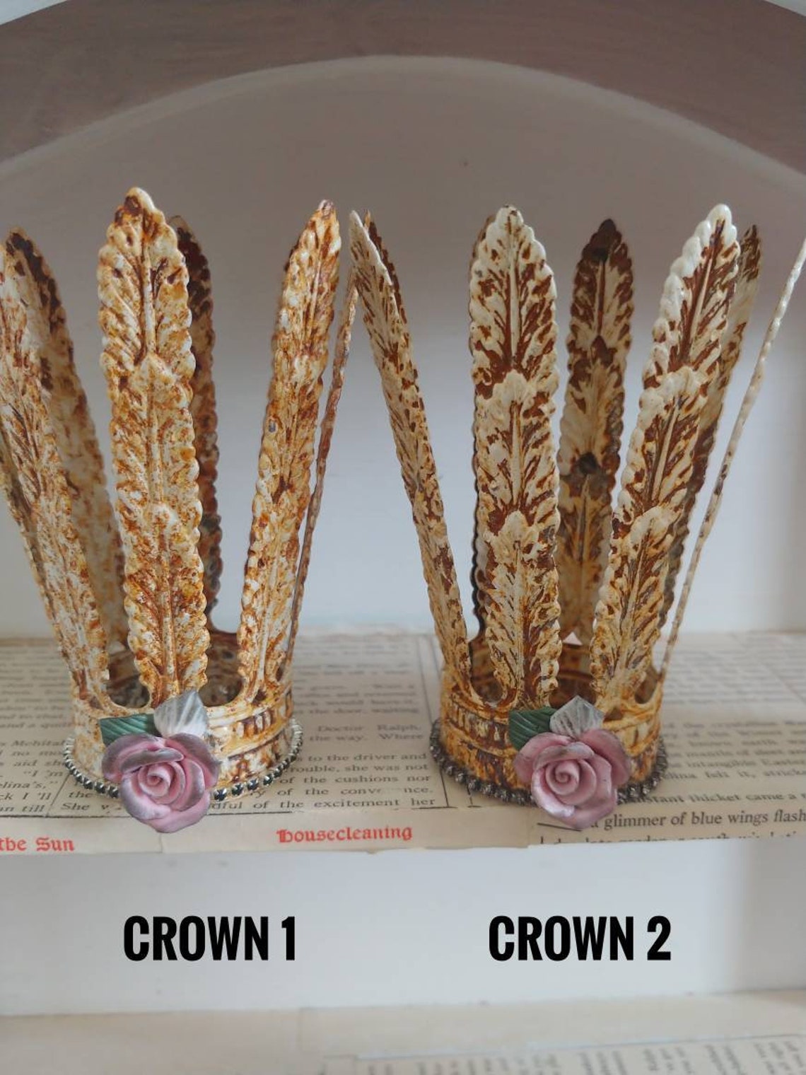 Vintage Metal Feathered Rusted Crown Dusty Pink Rose Leafy | Etsy