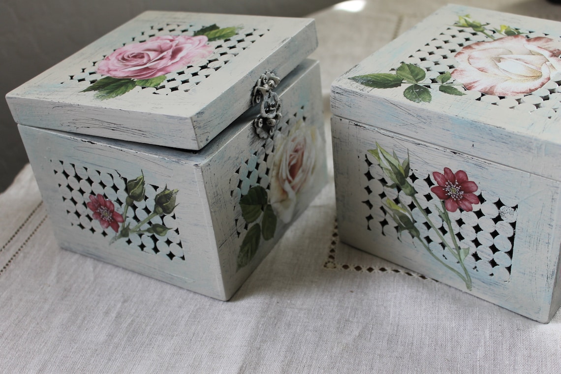 Handmade Vintage Victorian Style Wooden Storage Box With Pink White ...