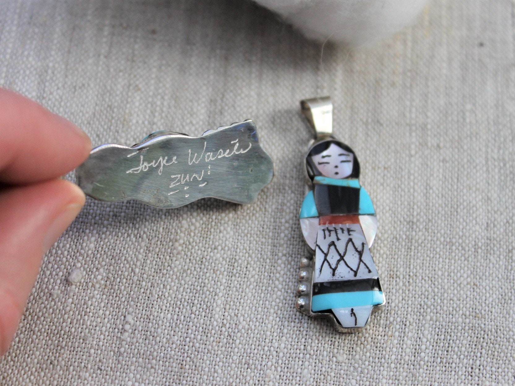 Zuni Inlay Woman Pendant in Sterling Silver Signed by Artist, Turquoise ...