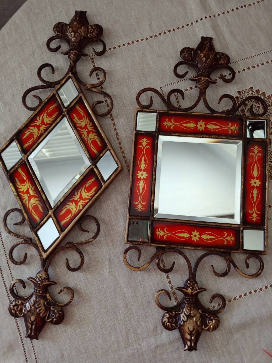 2 Vintage Ornate Spanish Style Wall Mirror Red Black Gold - Etsy