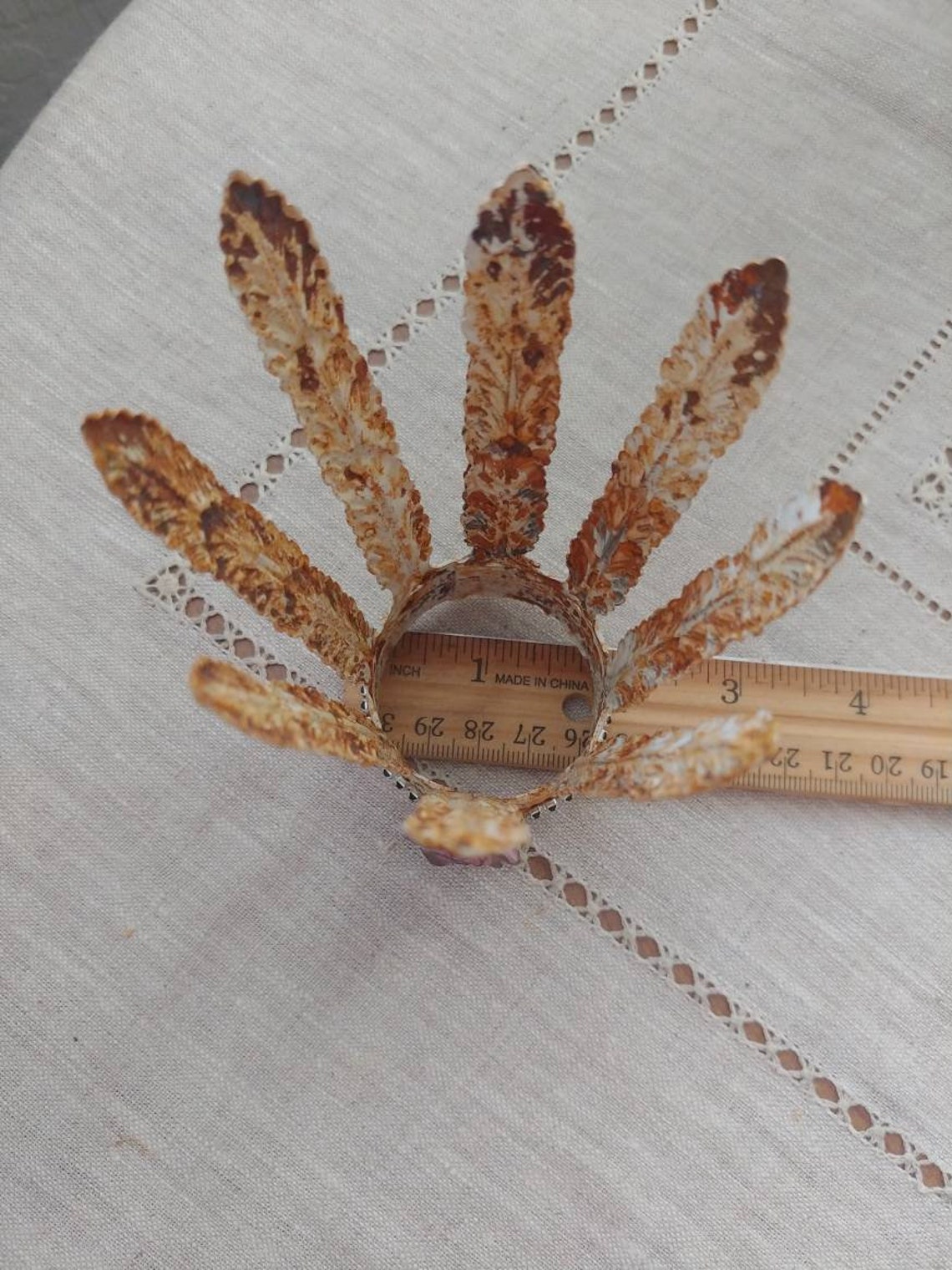 Vintage Metal Feathered Rusted Crown Dusty Pink Rose Leafy | Etsy