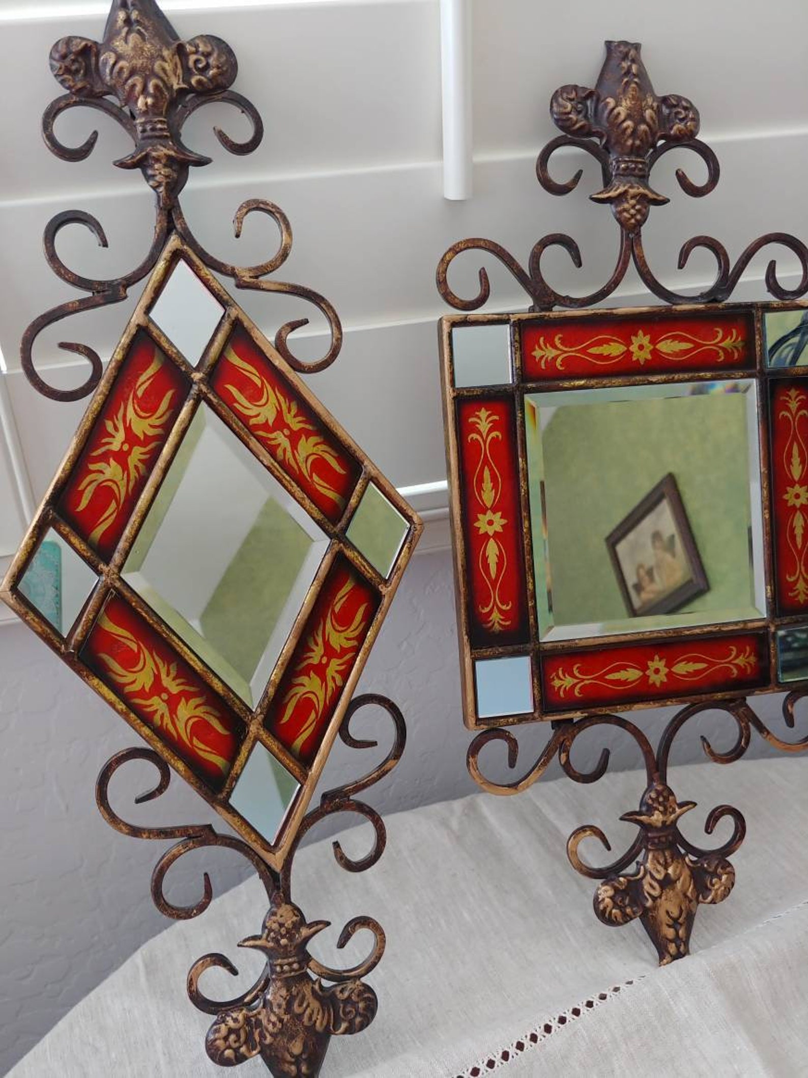 2 Vintage Ornate Spanish Style Wall Mirror Red Black Gold - Etsy