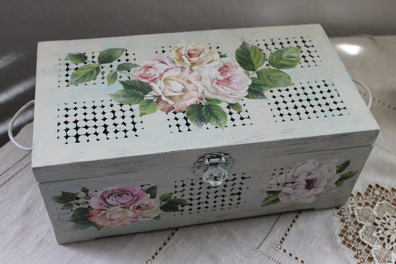 Handmade Vintage Wooden Storage Box With Pink White Roses, Botanical ...
