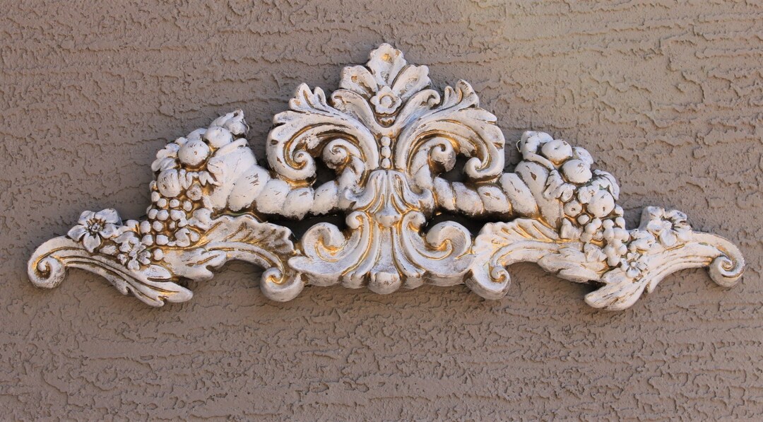 Large Vintage Baroque Style Distressed Ornate Wall Sculpture Pediment ...
