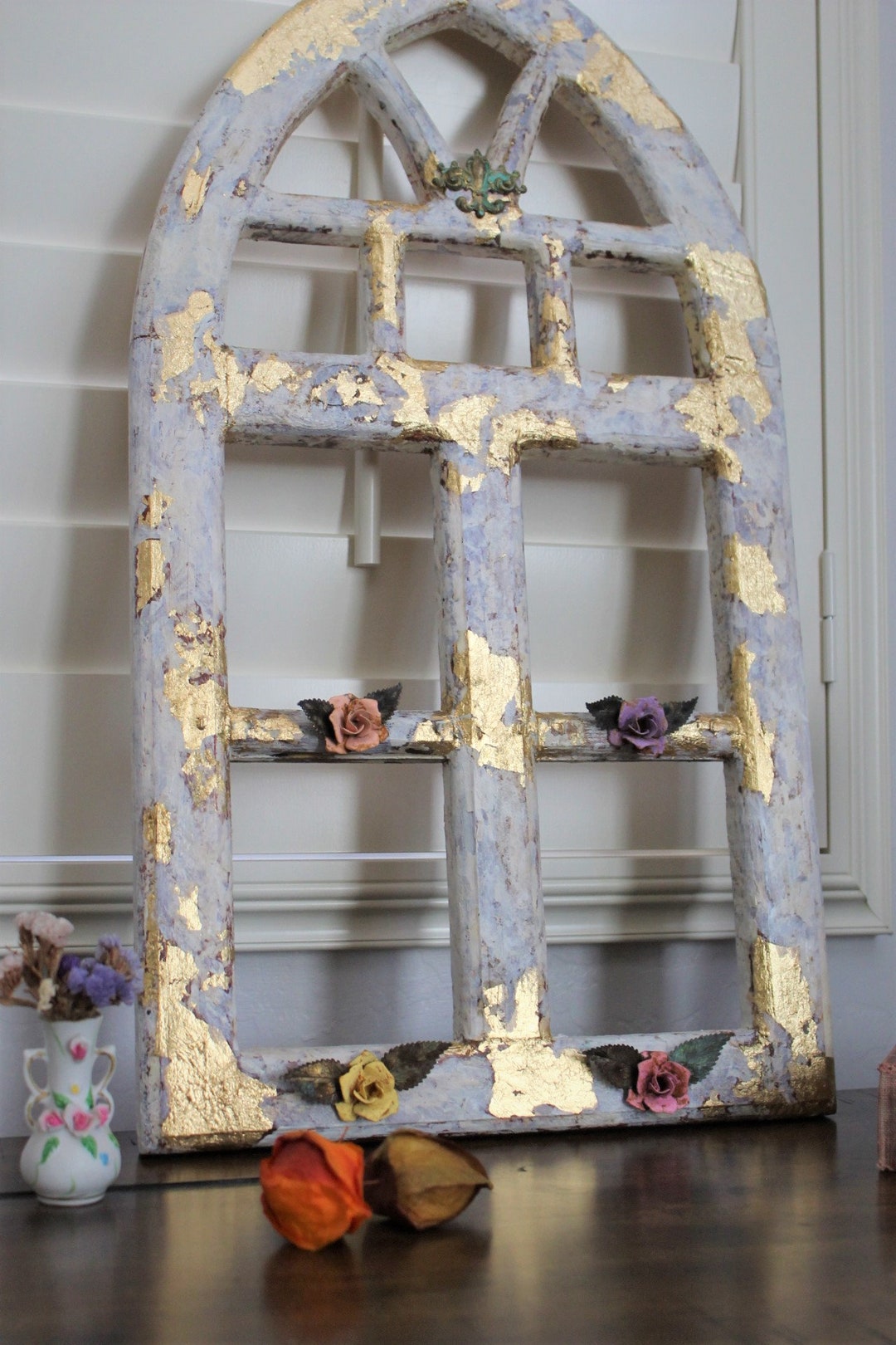Vintage Handmade Old Arch Frame With Flowers Wall Decor - White Gold ...