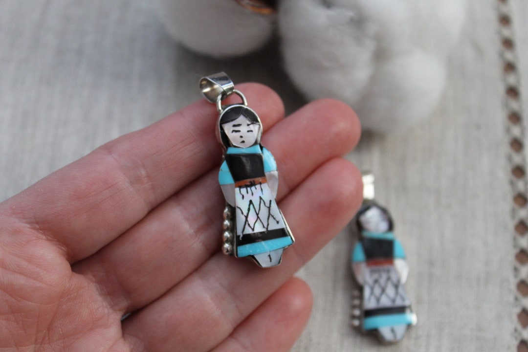 Zuni Inlay Woman Pendant in Sterling Silver Signed by Artist, Turquoise ...