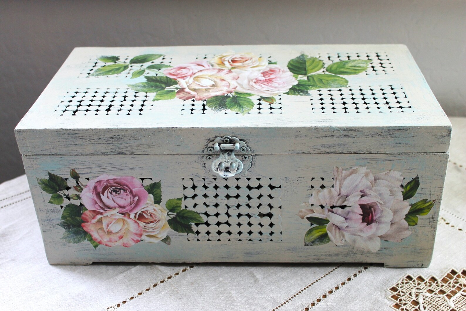 Handmade Vintage Wooden Storage Box With Pink White Roses, Botanical ...