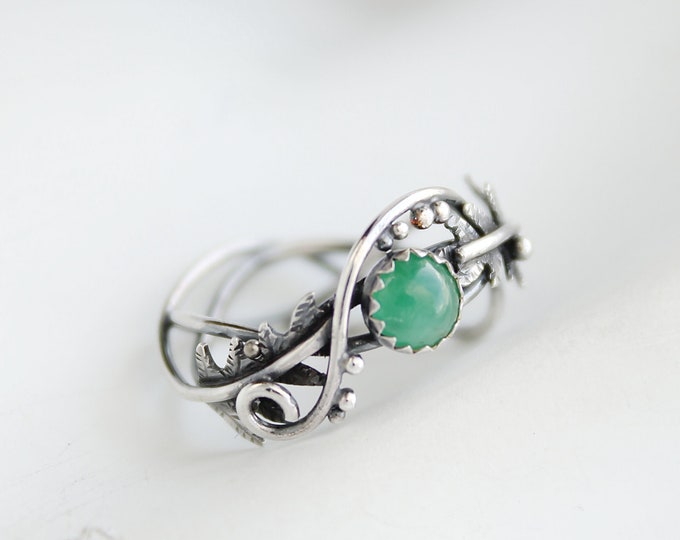 Emerald Fern Leaf Ring Engagement Elven Botanical Floral Ring Silver ...